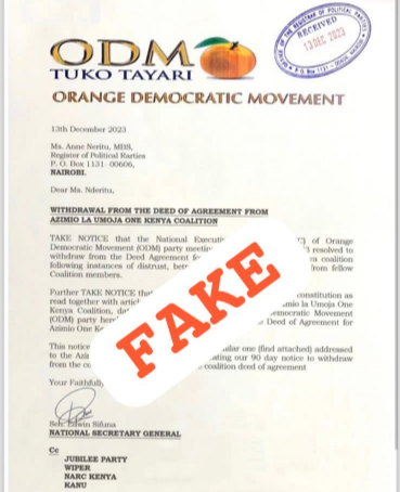 It's fake! ODM says on letter indicating withdrawal from Azimio